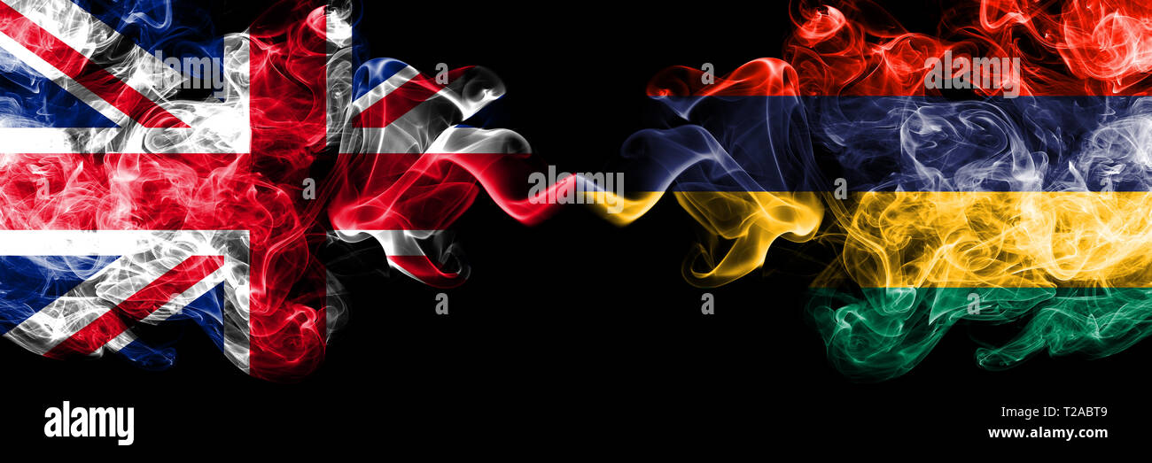 United Kingdom vs Mauritius, Mauritian smoky mystic flags placed side ...