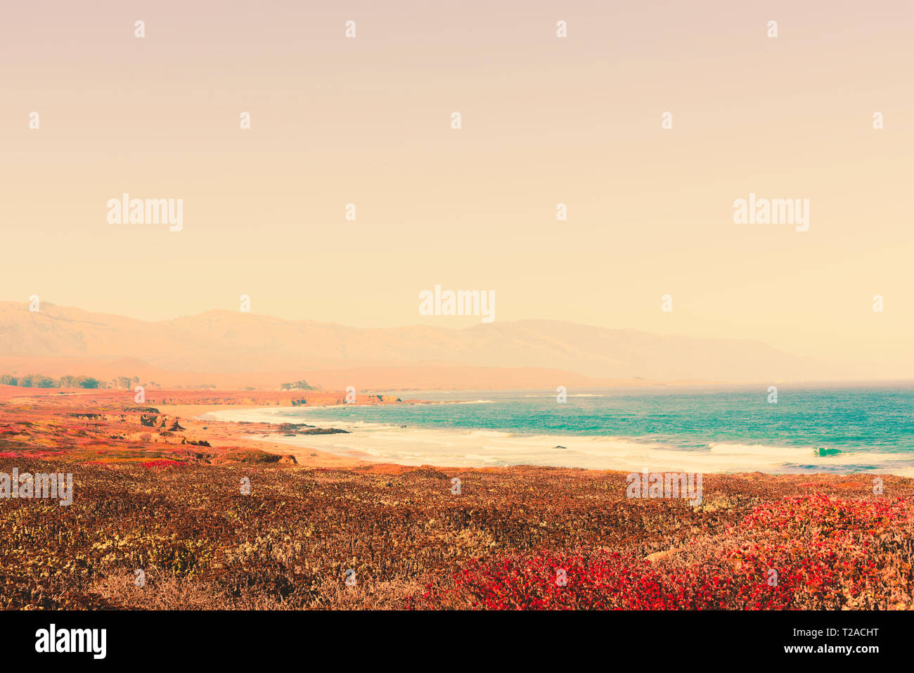 Colorful autumn fields overlooking bright blue ocean with white waves ...