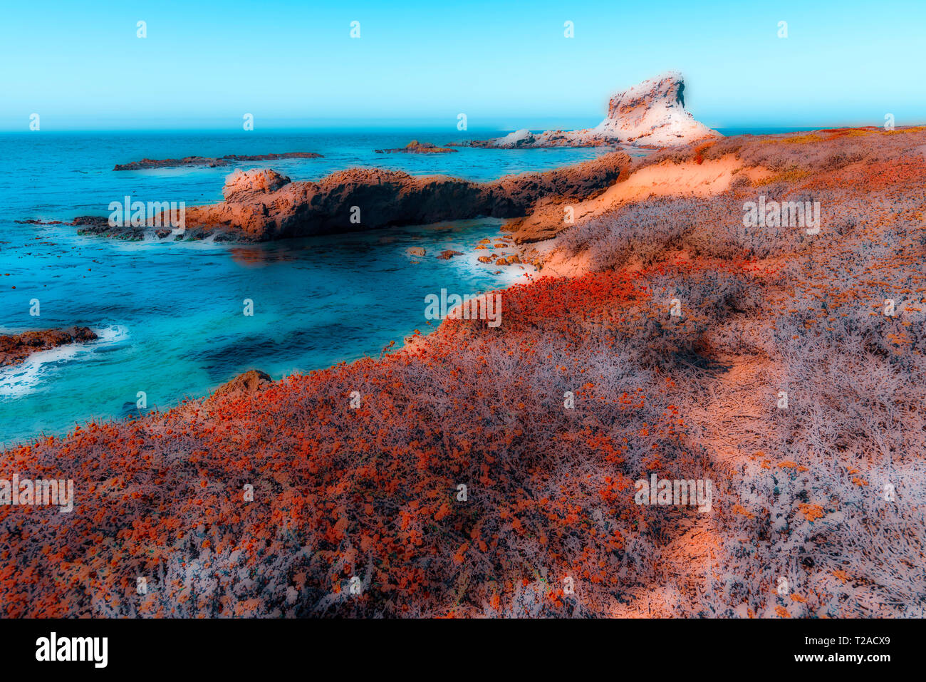 Poster style image, autumn foliage overlooking cliffs, rocks and blue ...