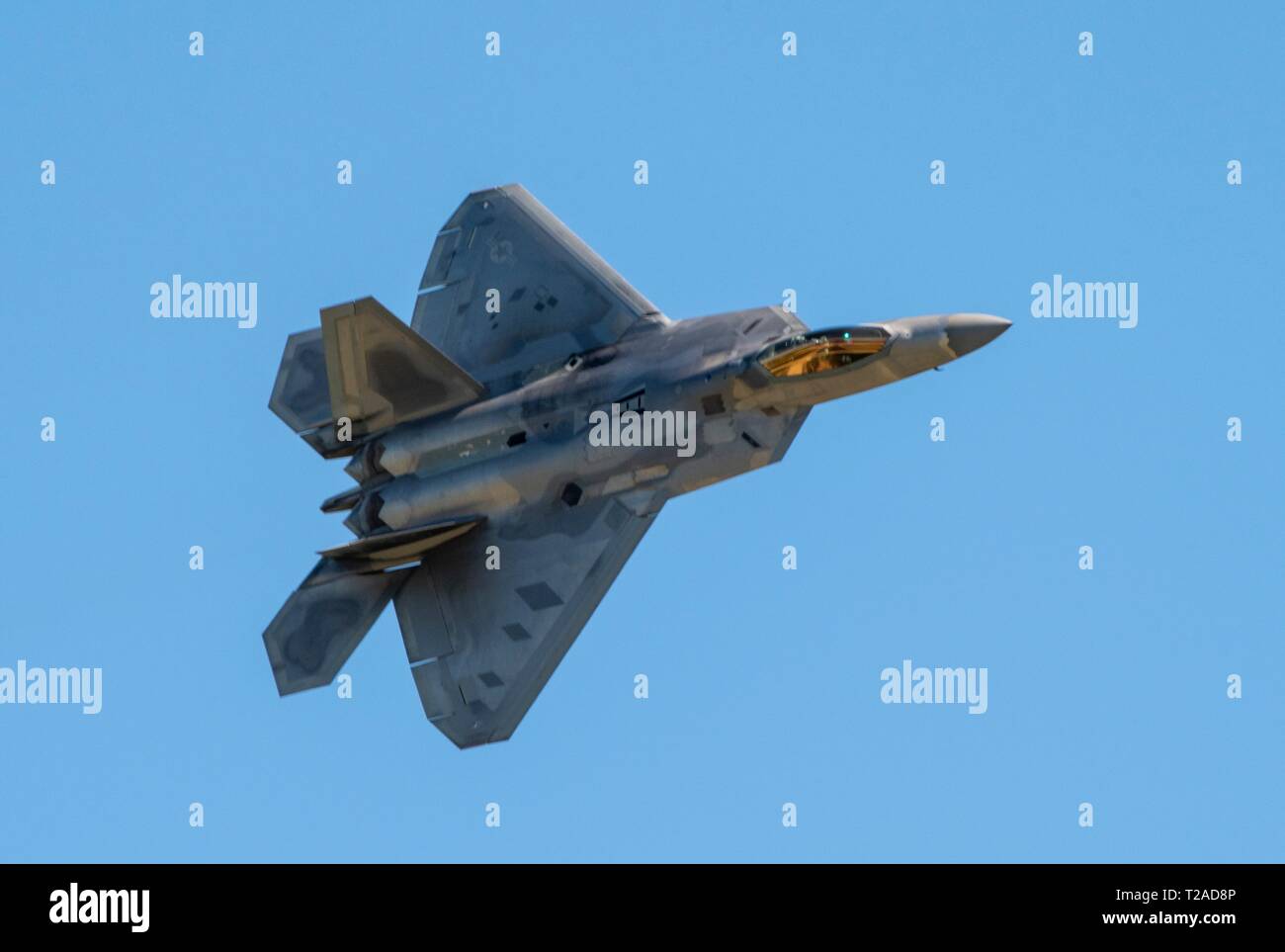 A U.S. Air Force F-22 Raptor stealth fighter aircraft performs aerial ...