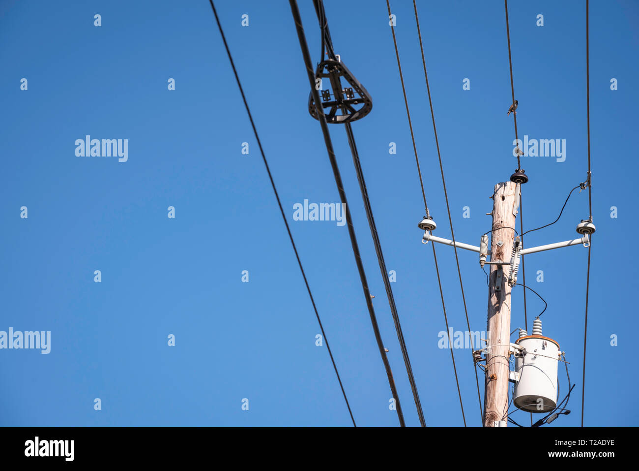 High tension electrical power grid post with thick cable wires set ...