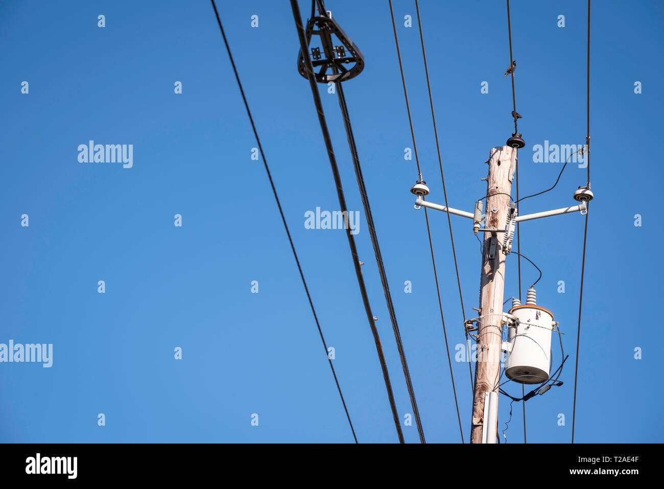 High tension electrical power grid post with thick cable wires set ...