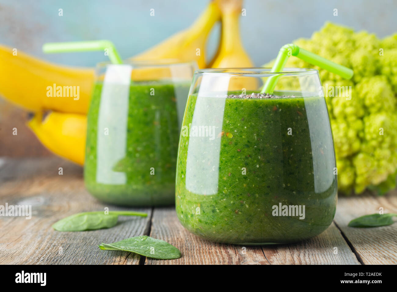 Green fresh healthy smoothie with fruits and vegetables Stock Photo - Alamy
