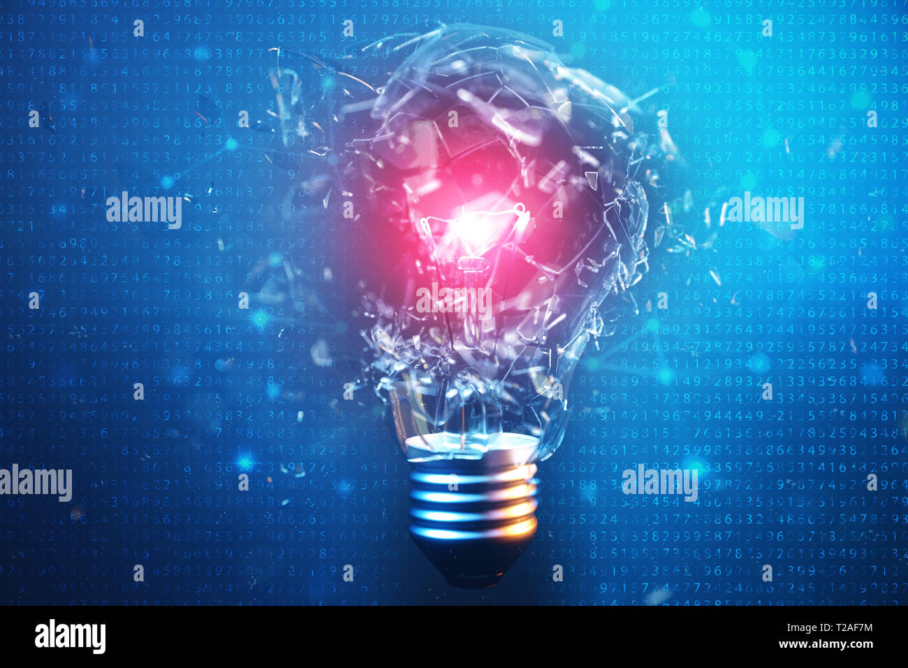 3D Illustration Exploding light bulb on a blue background, with concept ...