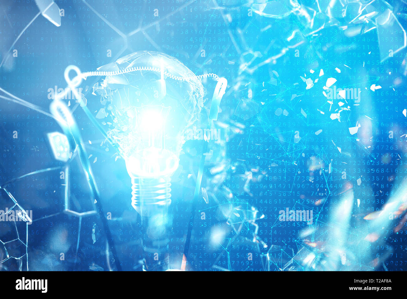 3D Illustration Exploding light bulb on a blue background, with concept ...