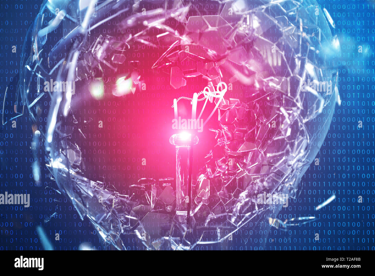 3D Illustration Exploding light bulb on a blue background, with concept ...