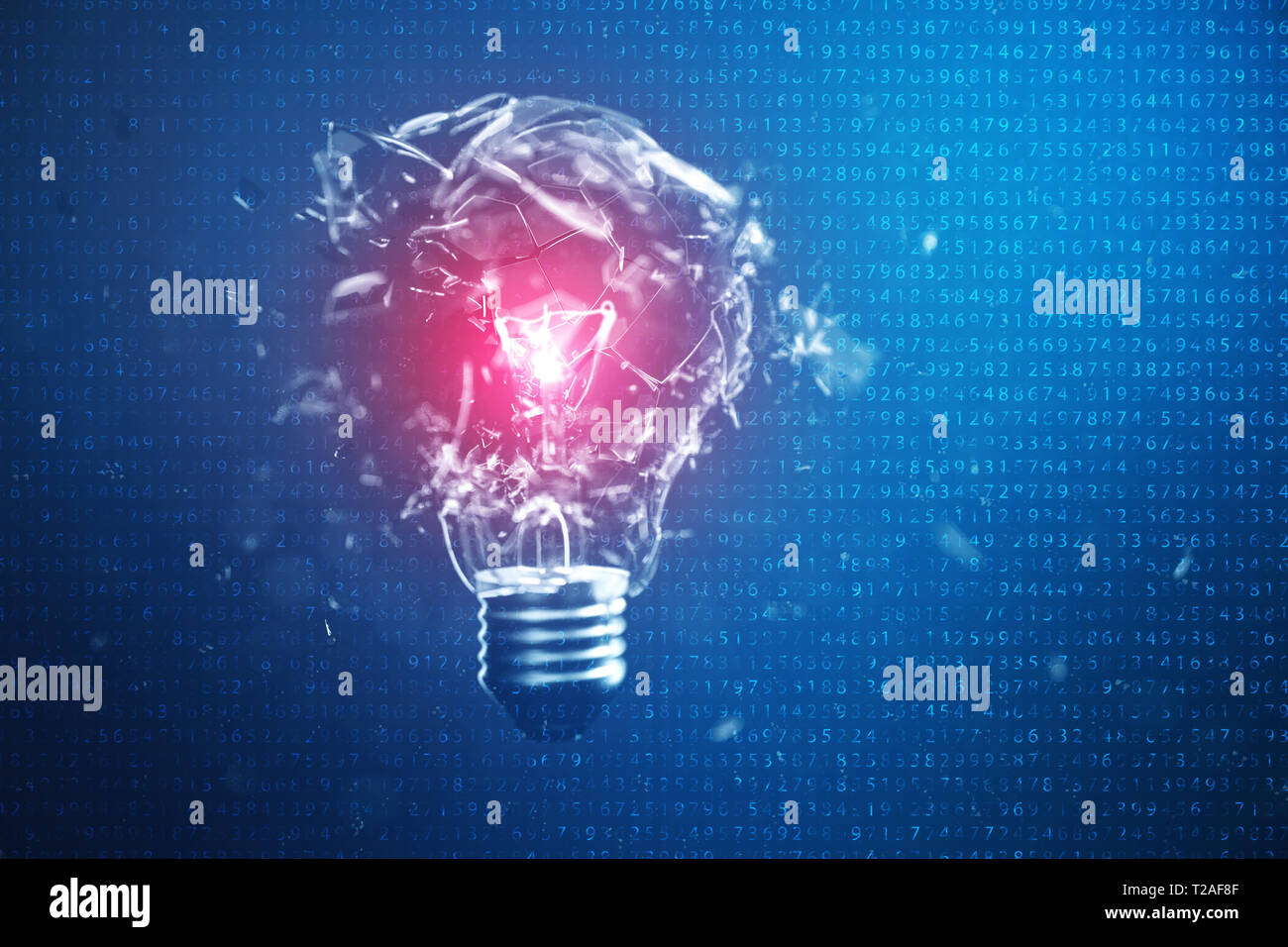 3D Illustration Exploding light bulb on a blue background, with concept ...