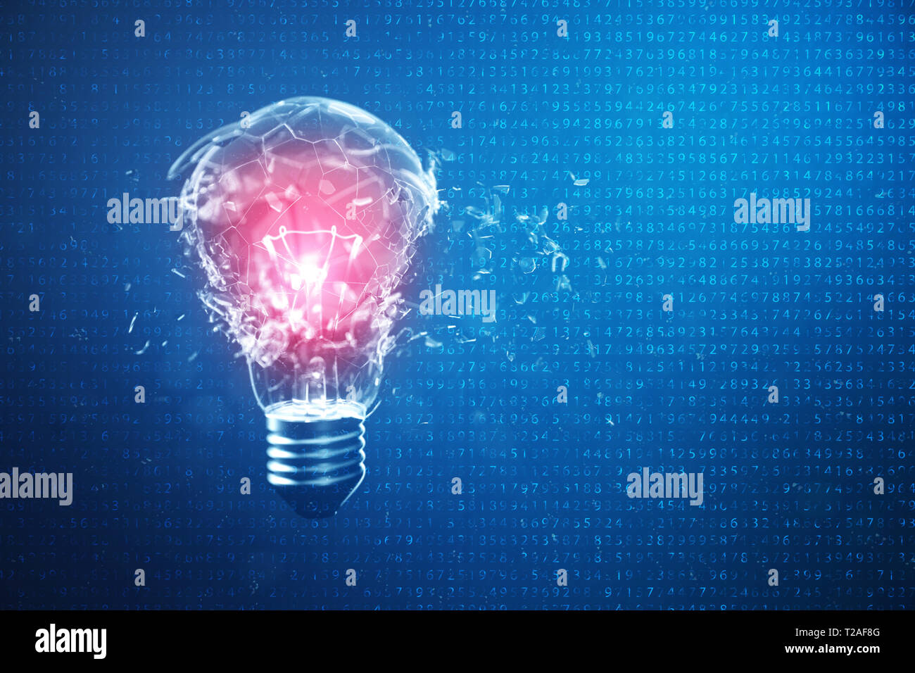3D Illustration Exploding light bulb on a blue background, with concept ...