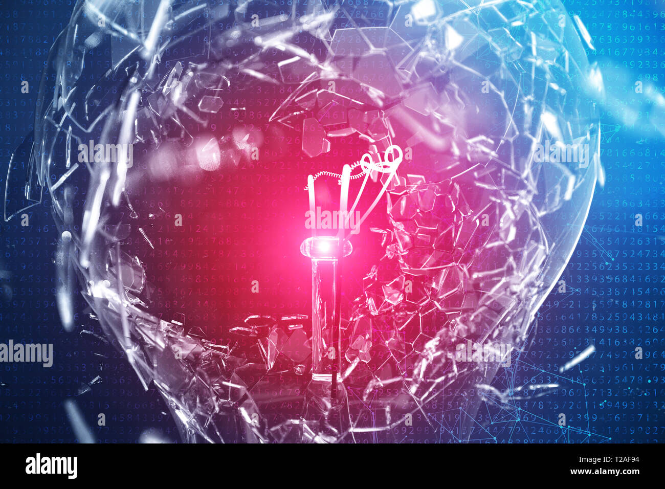 3D Illustration Exploding light bulb on a blue background, with concept ...