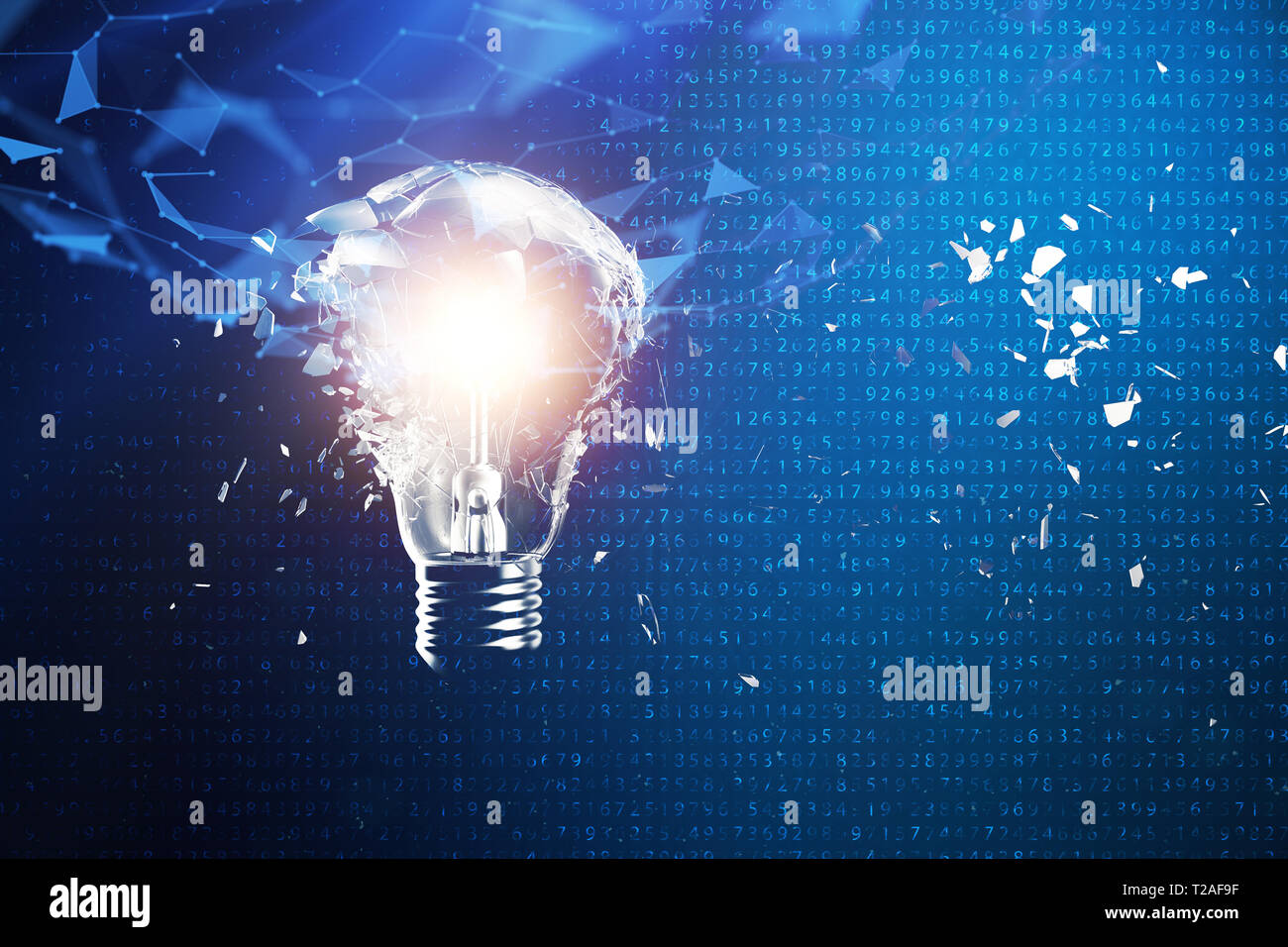 3D Illustration Exploding light bulb on a blue background, with concept ...