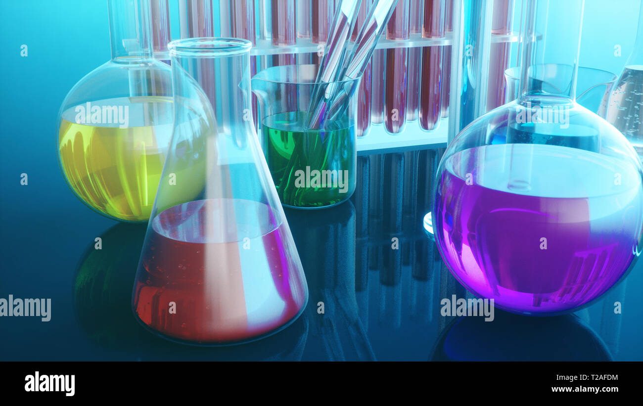 Chemical reaction, flasks with different laboratory glassware and ...