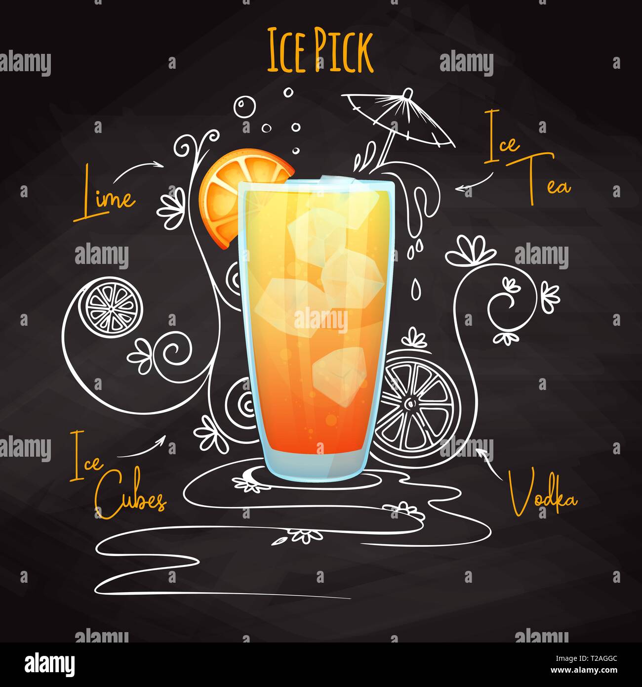 Simple recipe for an alcohol cocktail Ice Pick. Drawing chalk on a ...