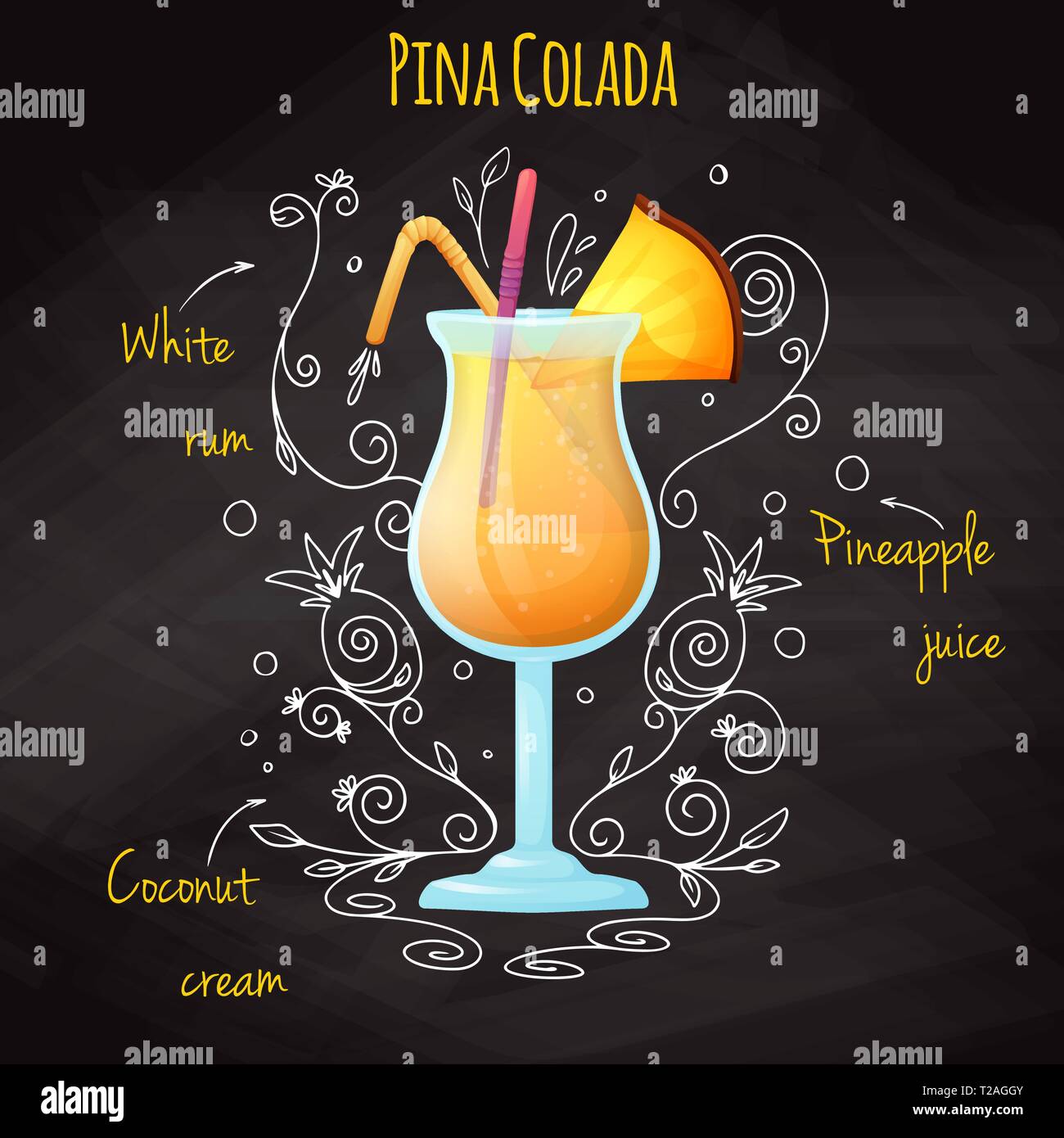 Simple recipe for an alcoholic cocktail Pina Colada. Drawing chalk on a ...