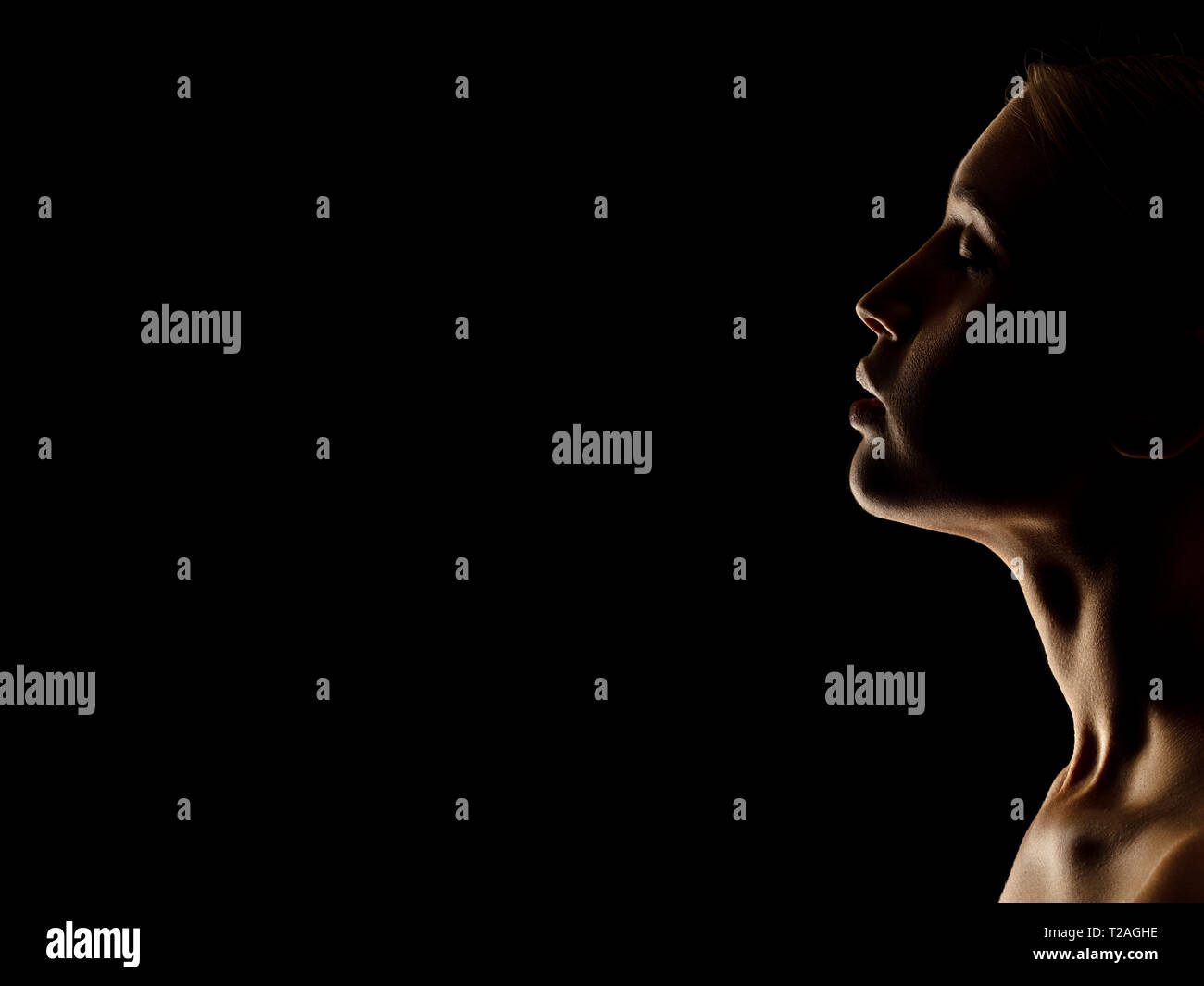 sad woman profile silhouette on black background with copy space closed ...