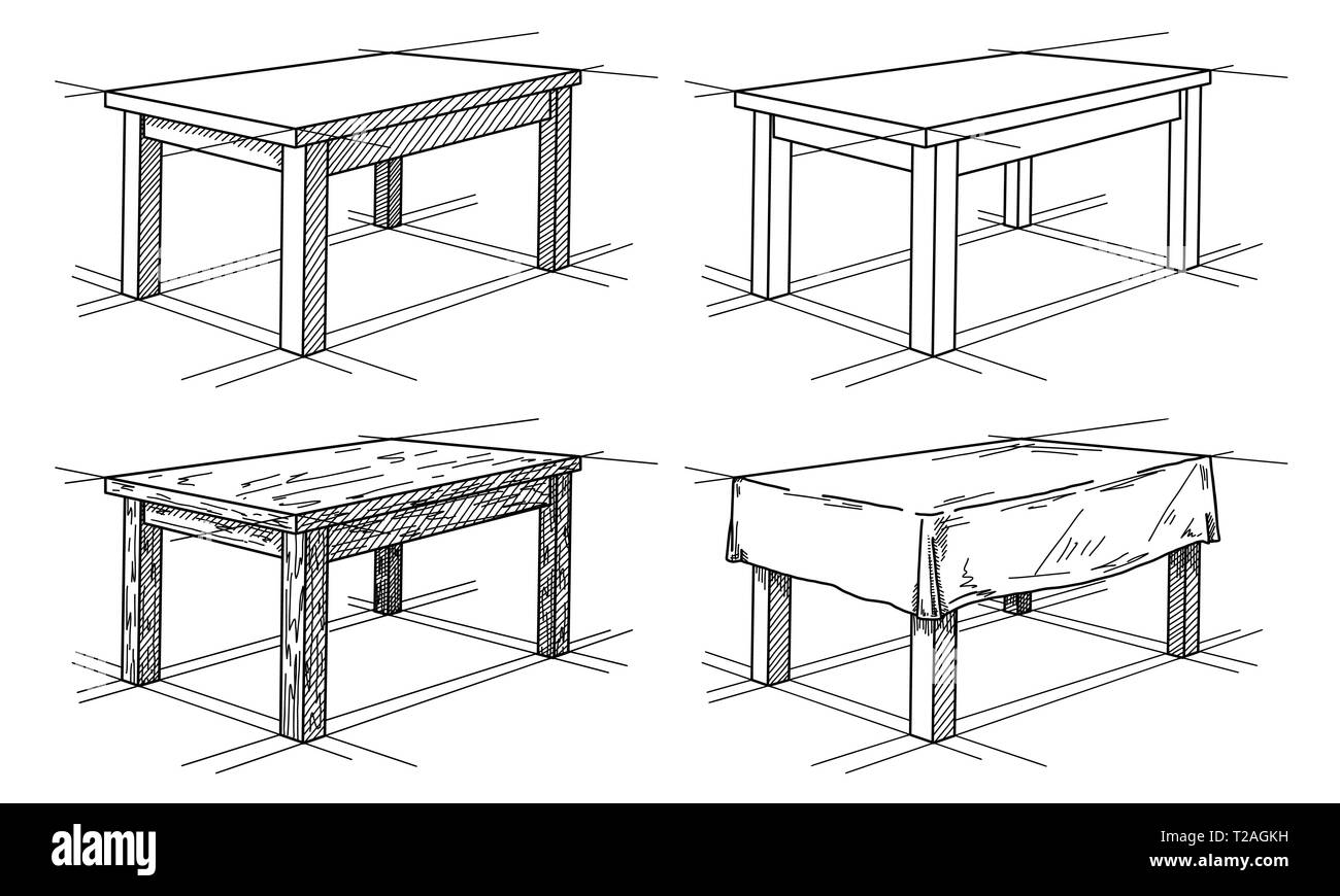 Realistic sketch of different tables in perspective. Table set. Vector ...