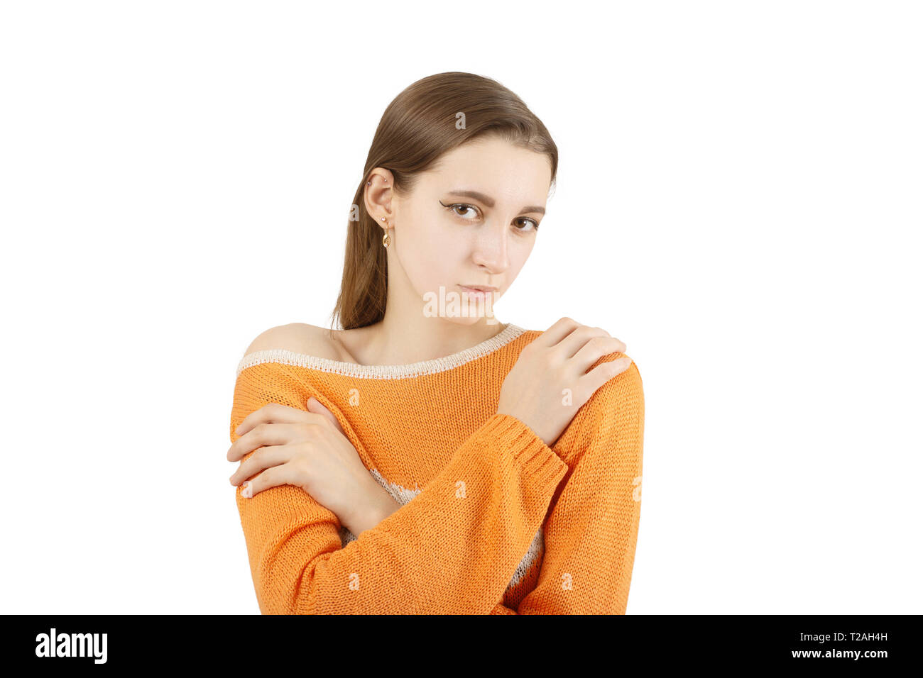 shy serious girl isolated on white background looking at camera Stock ...