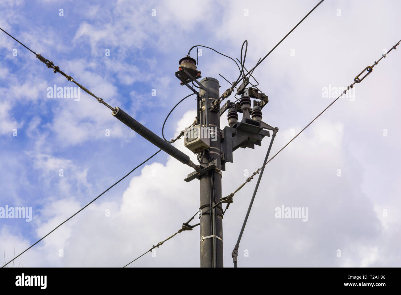 small transformer on the electric pole. city, mains electricity. high ...