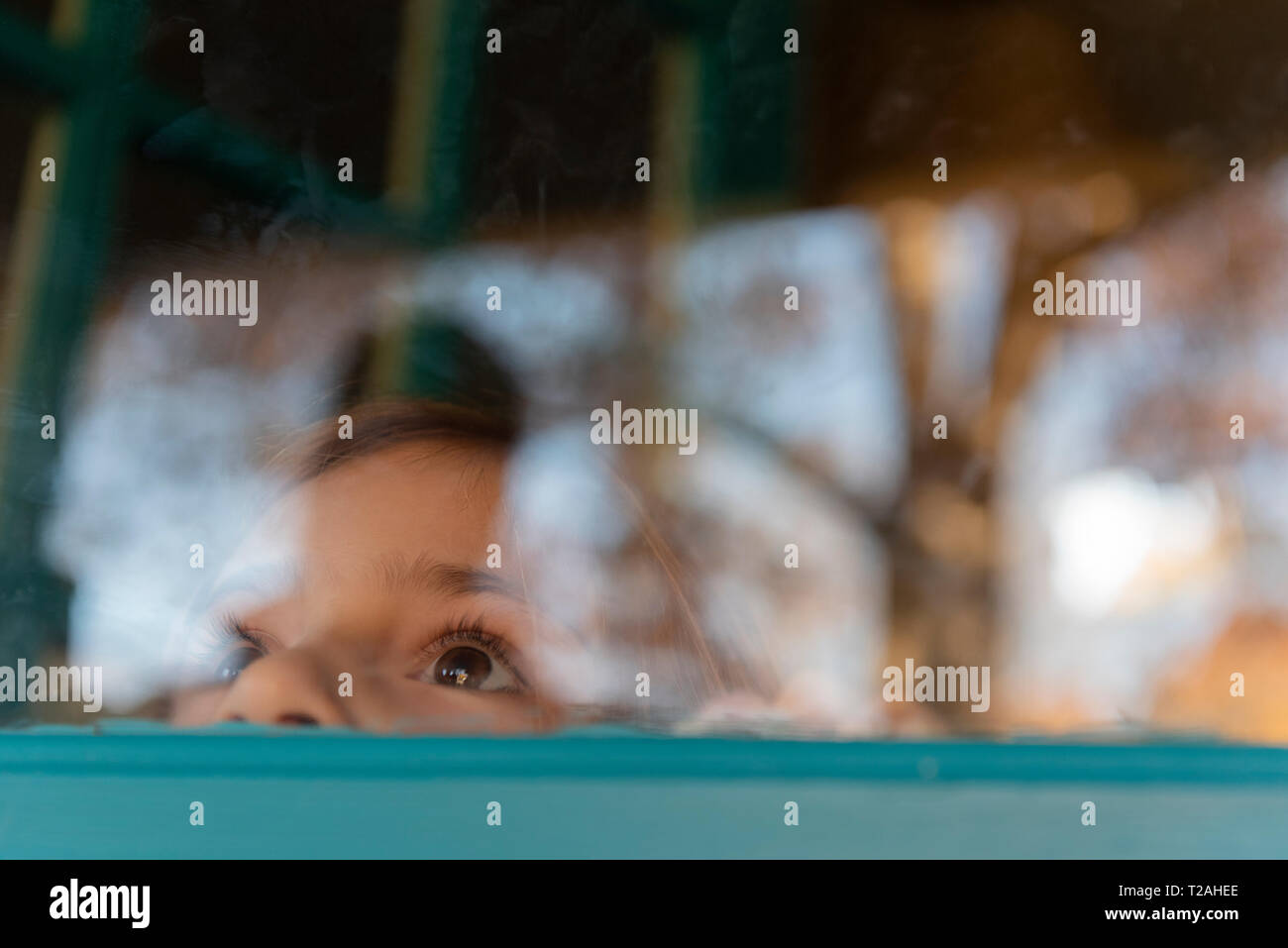 Girl peering through window Stock Photo - Alamy