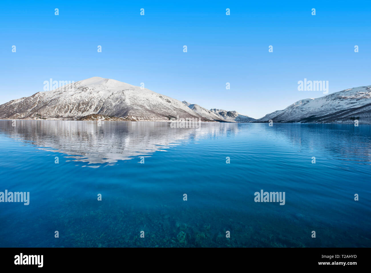 Snow covered hills by sea in Tromso, Norway Stock Photo - Alamy
