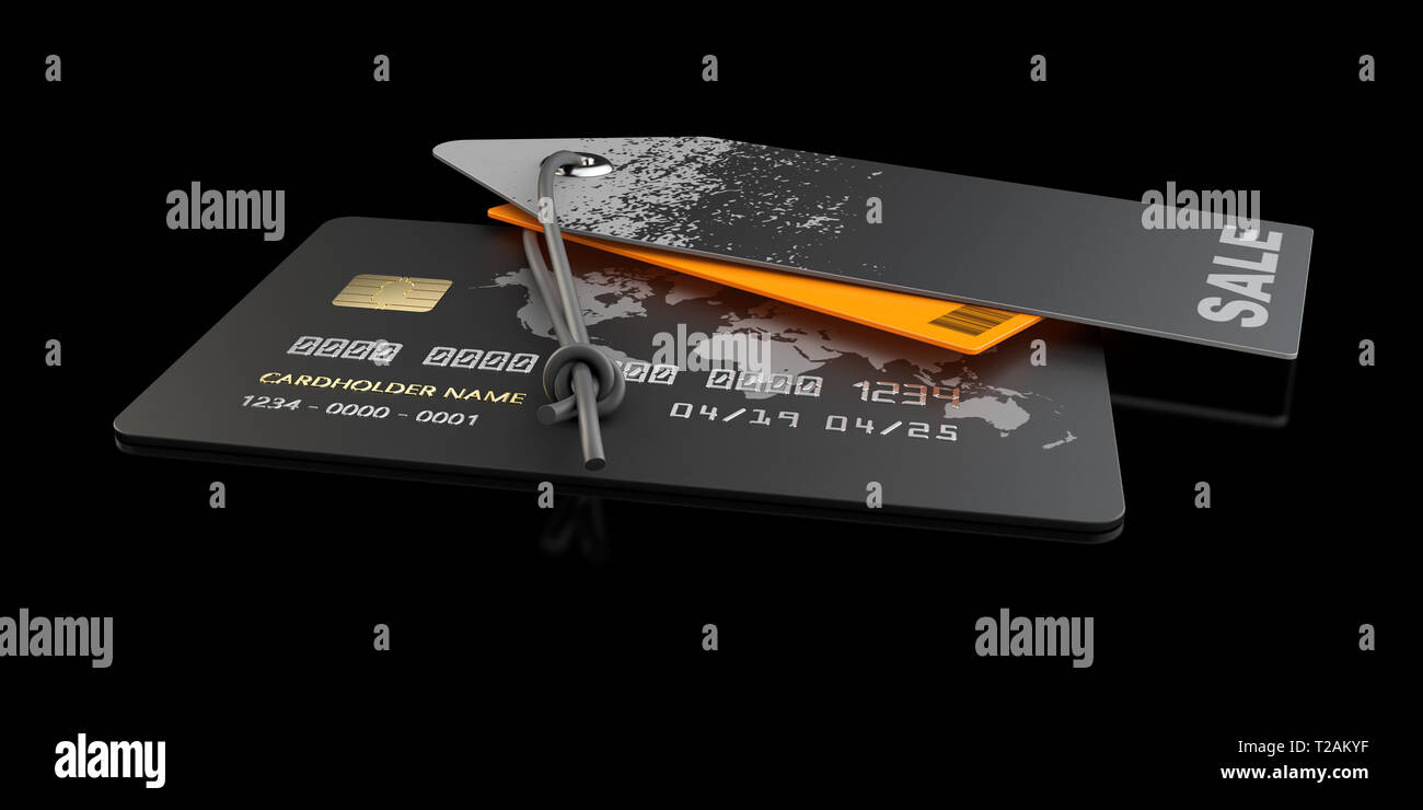 Credit card with price label with lettering isolated black, 3d ...