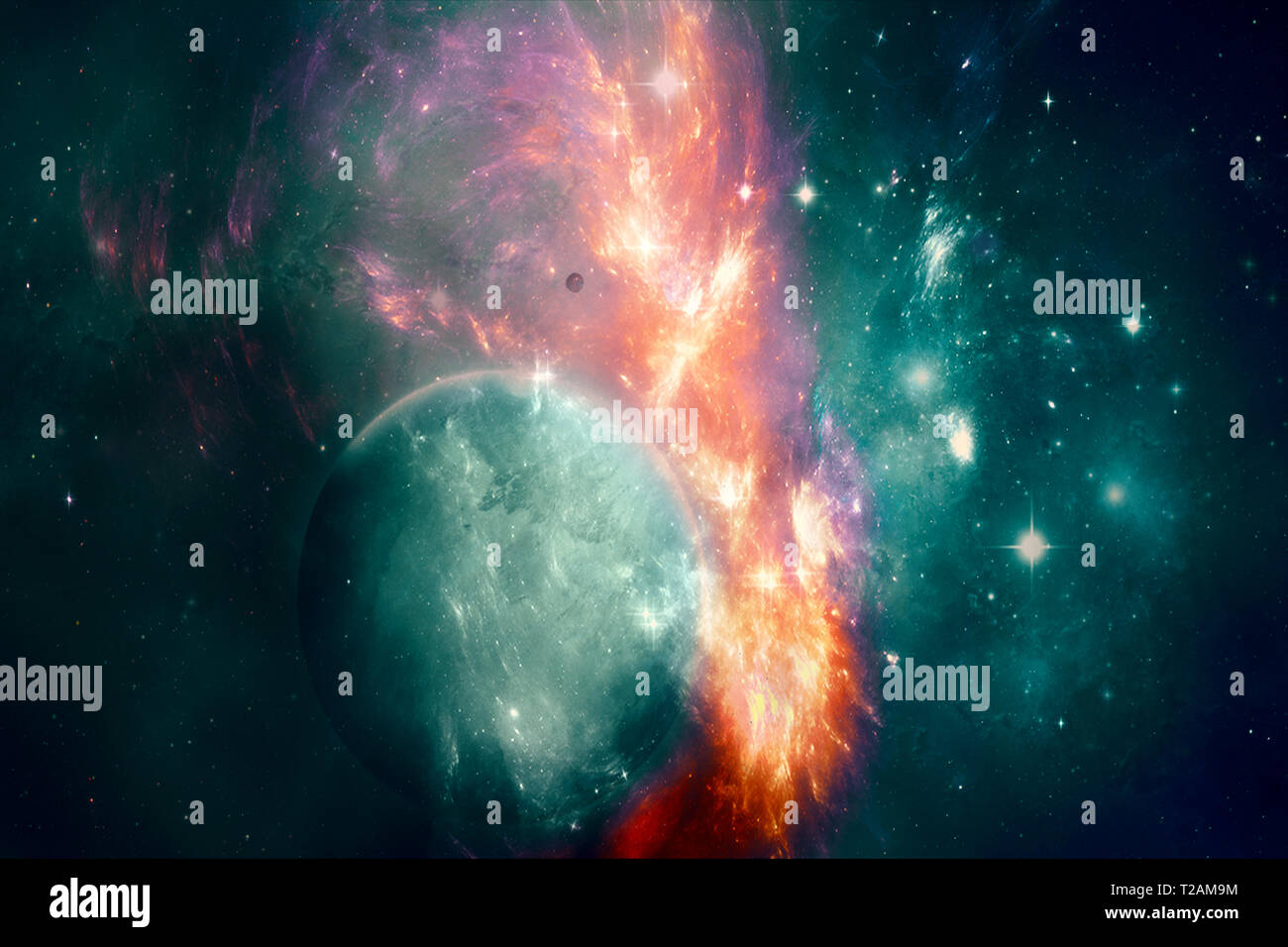 Abstract cyan planet in an infinite star field of space in the Universe ...