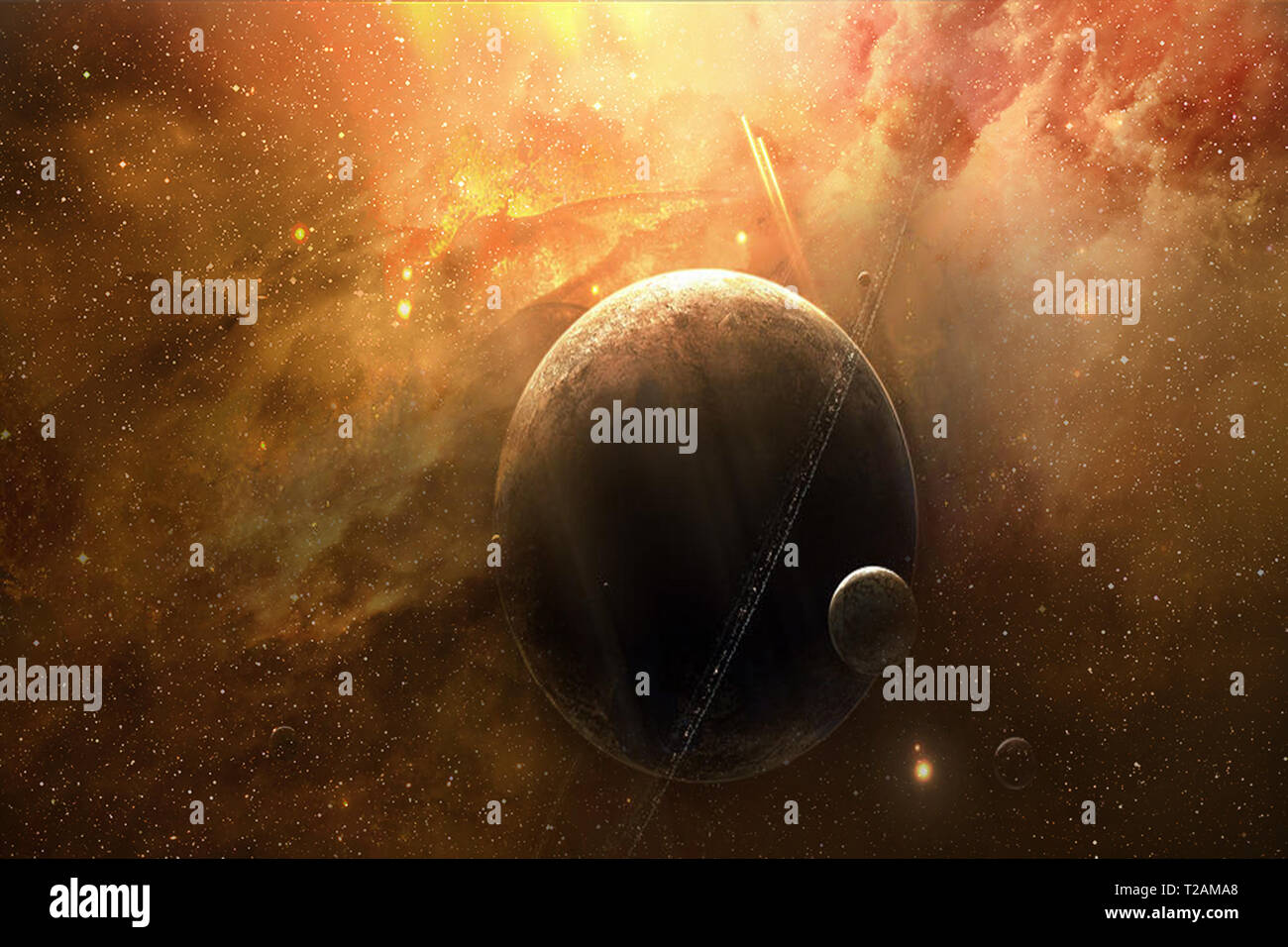 Artistic abstract design of a dreamy planet With It's Moon in a ...