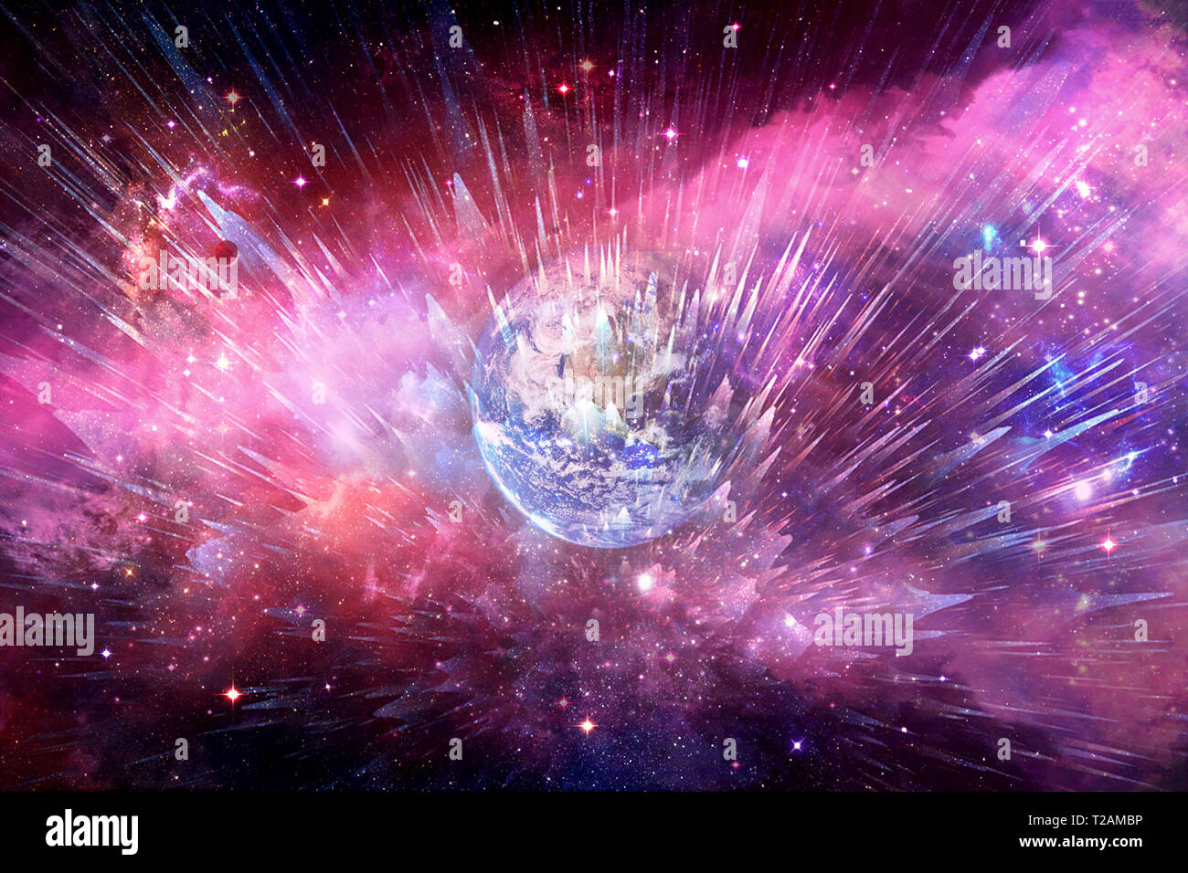 Artistic digital smooth colorful planet in nebula galaxy explodes into ...