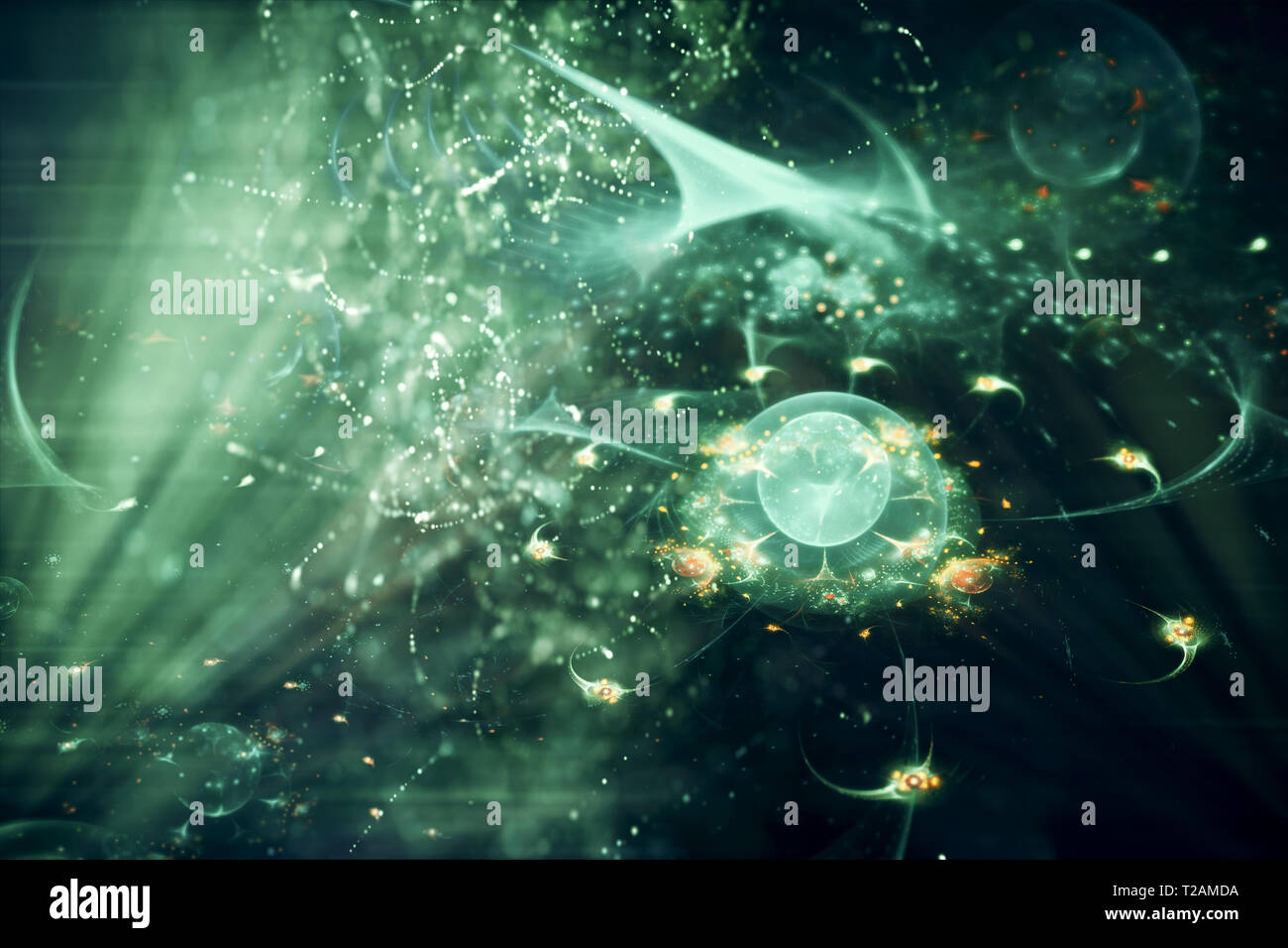 Abstract smooth modern connected balls of light artwork in a colorful ...