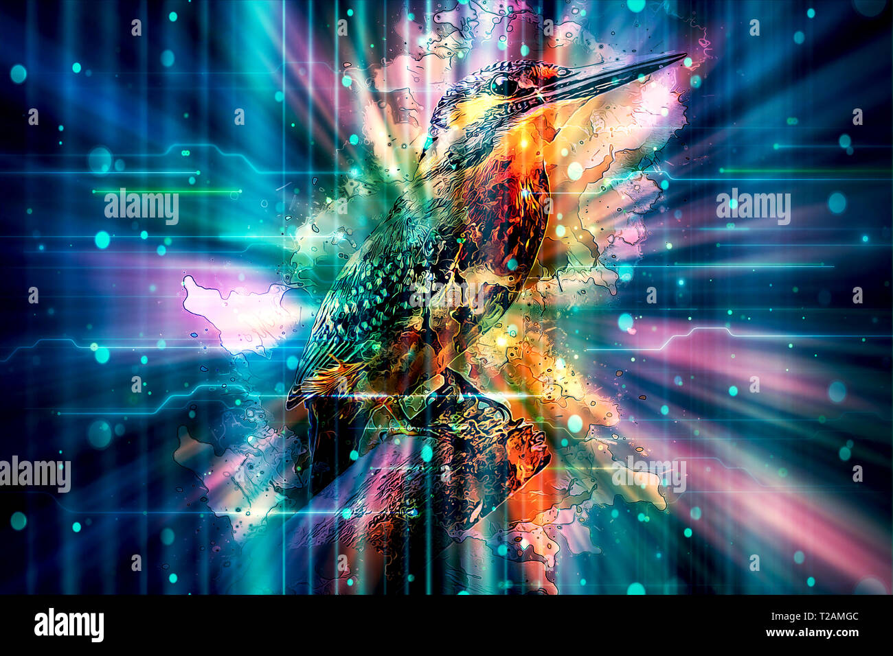 Abstract artistic multicolored glowing bird in a perfect visualization ...