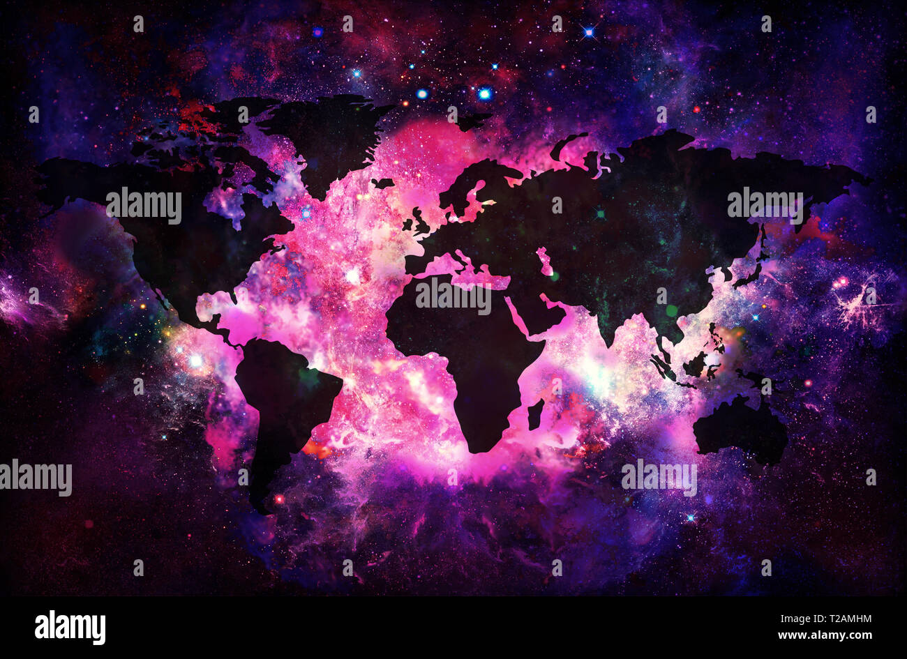 Abstract Black digital world map on a colorful smooth galaxy background ...