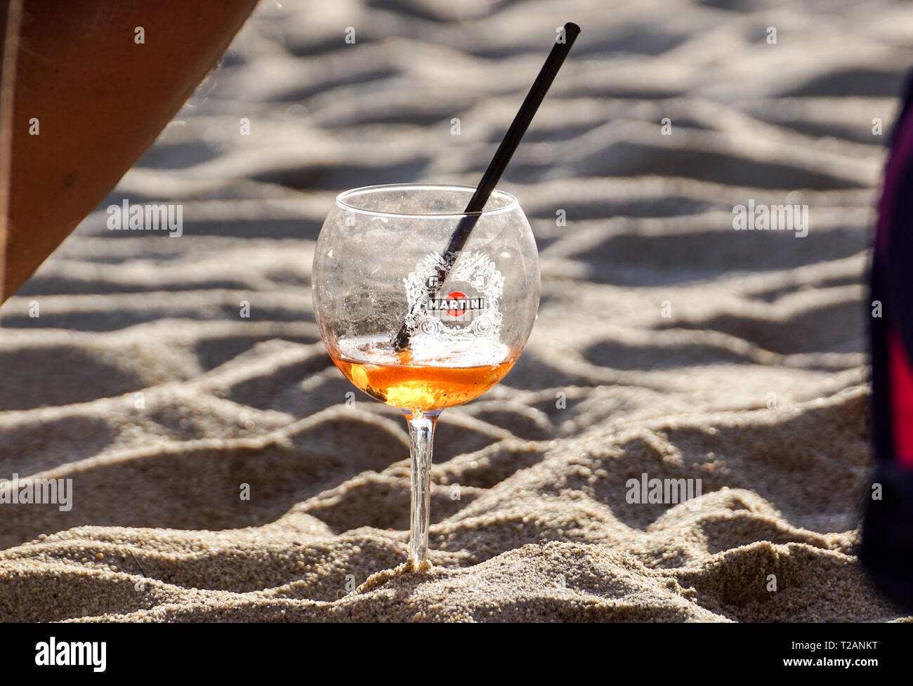 Riccione , Italy - May 1, 2018: A bottle of Martini champagne, sea ...