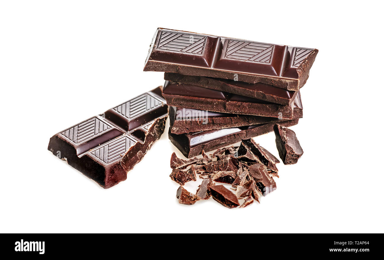 Broken bar chunks of dark chocolate isolated n white Stock Photo - Alamy