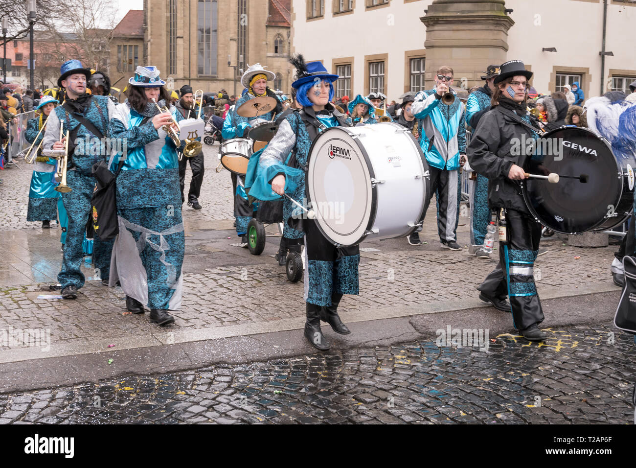 STUTTGART, GERMANY - MARCH 5: dressed up marching band in parade under ...