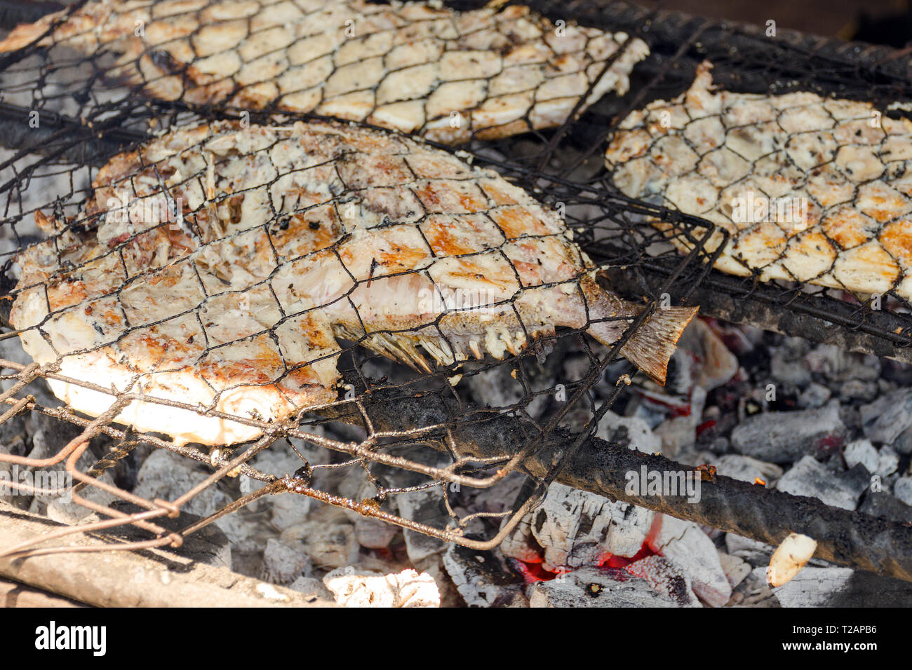 Fish barbecue. Cooking BBQ seafood on fire. Grill with burning coals ...