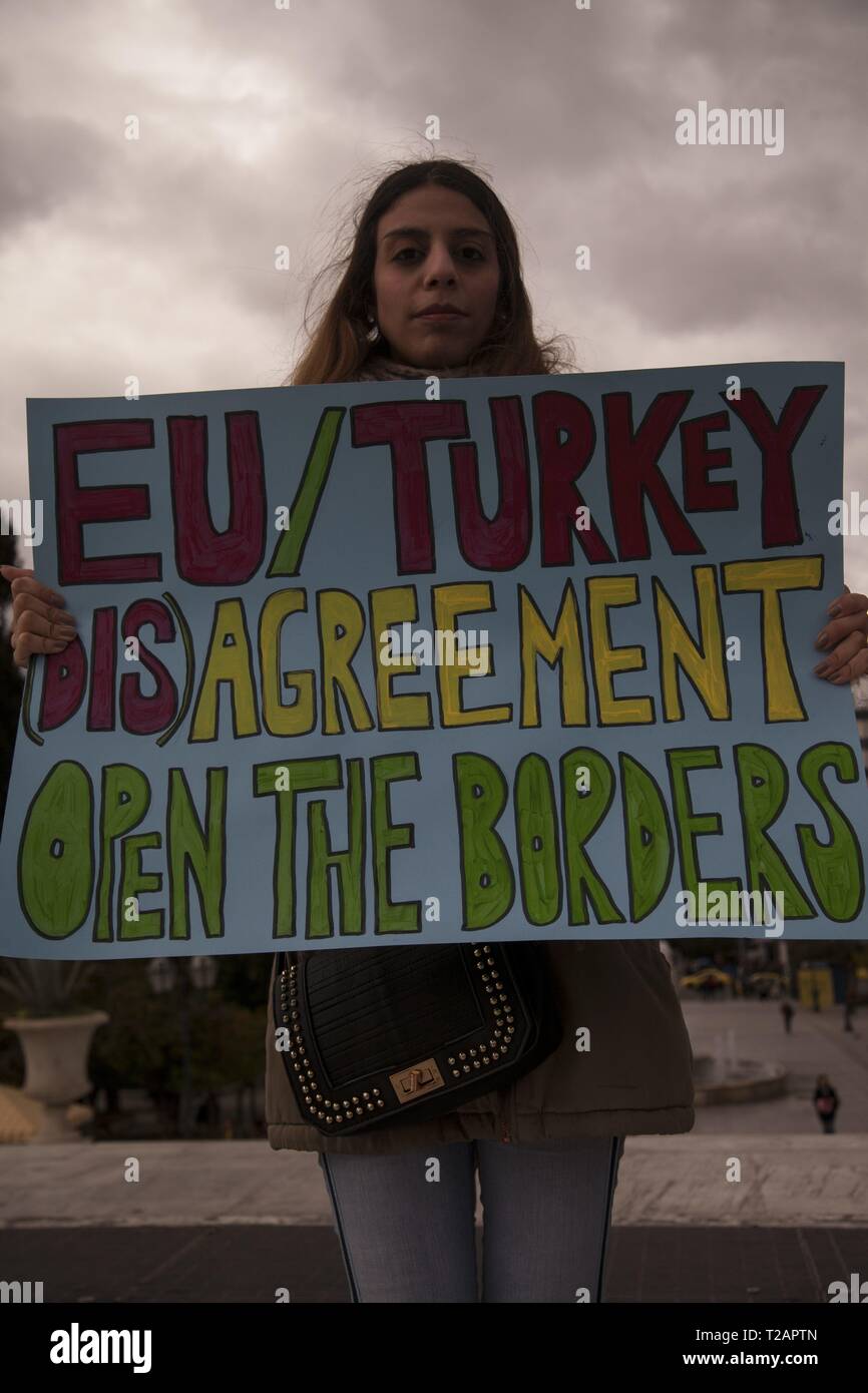 Refugee protests against EU-Turkey Agreement (Refugee Deal). Sign "EU ...