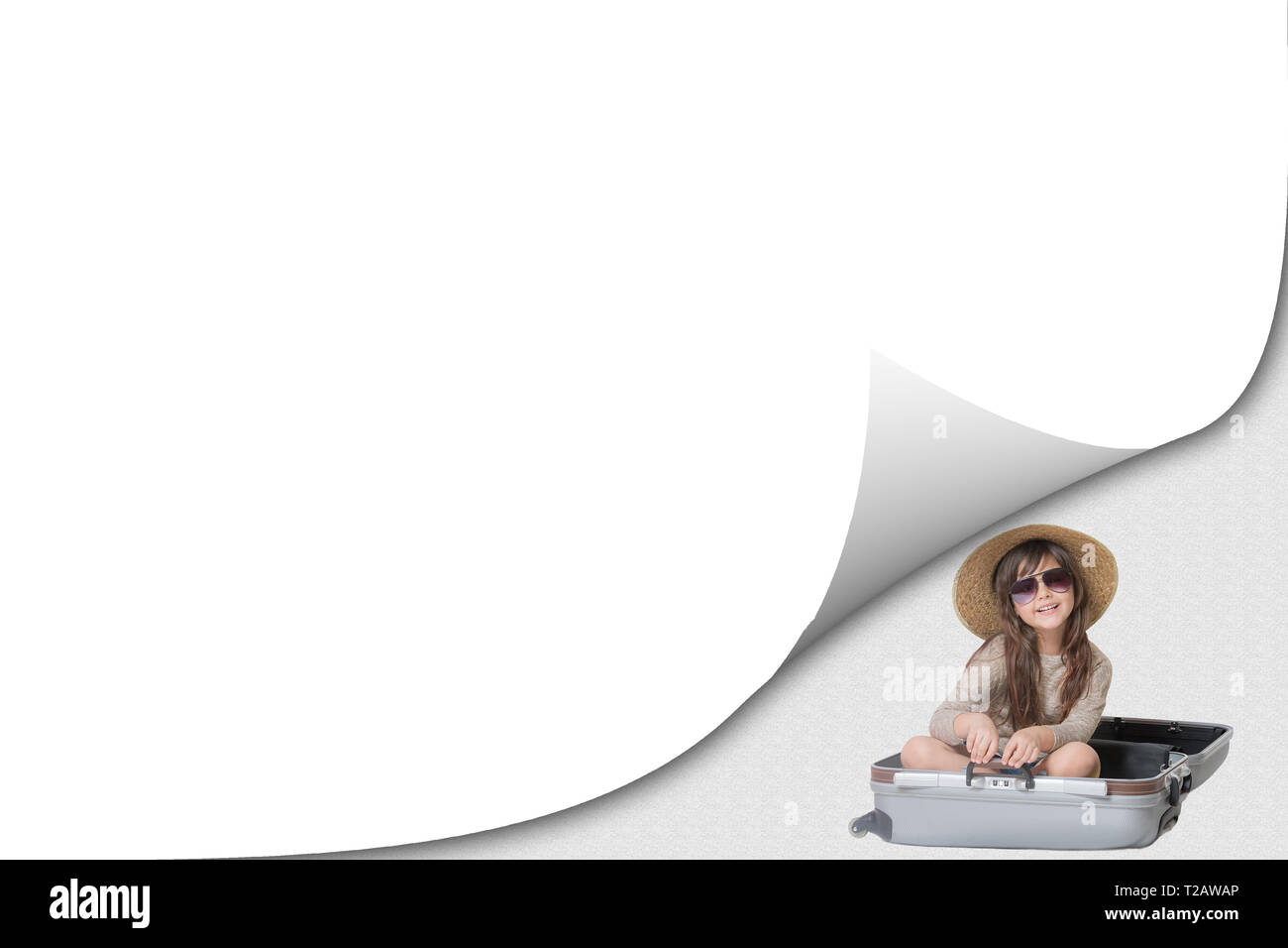 Blank white page with curl effect and smiling long hair little girl ...