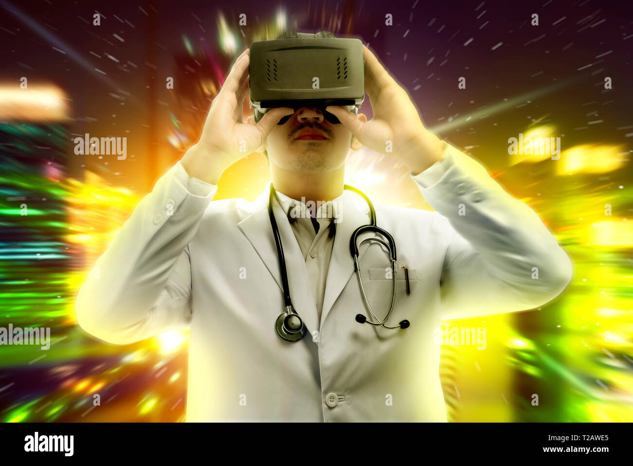 Asian male doctor in white coat and stethoscope using virtual reality ...