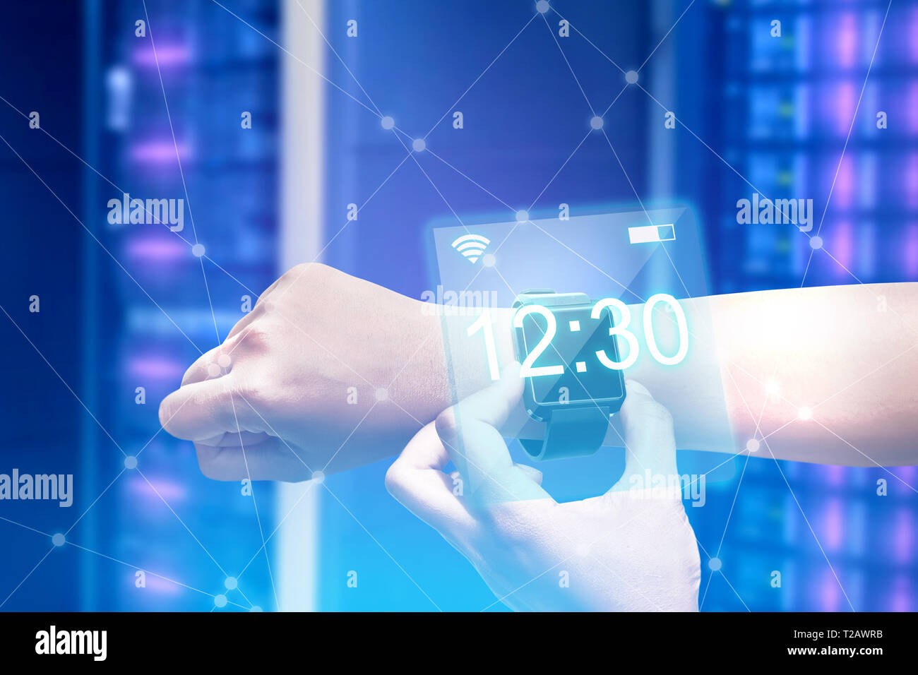 Male hand with smartwatch check the time. Digital technology concept ...