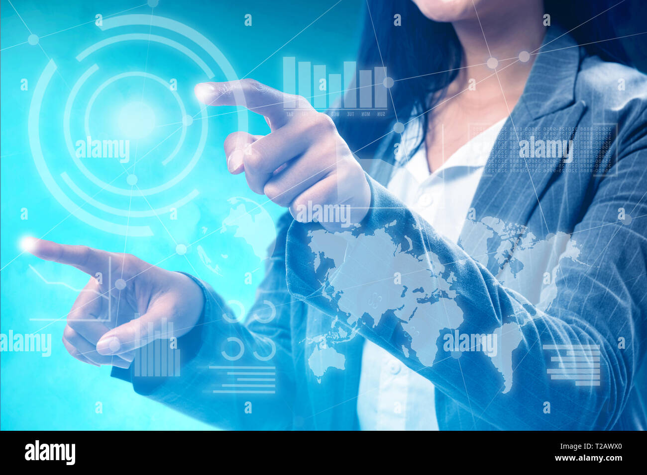 Business woman touch virtual screen which display the interface of ...