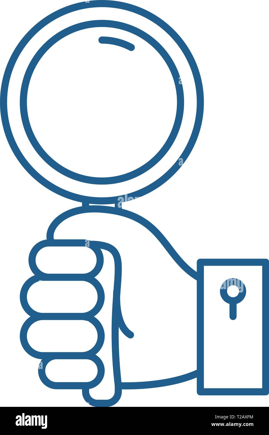 Hand with magnifier line icon concept. Hand with magnifier flat vector ...