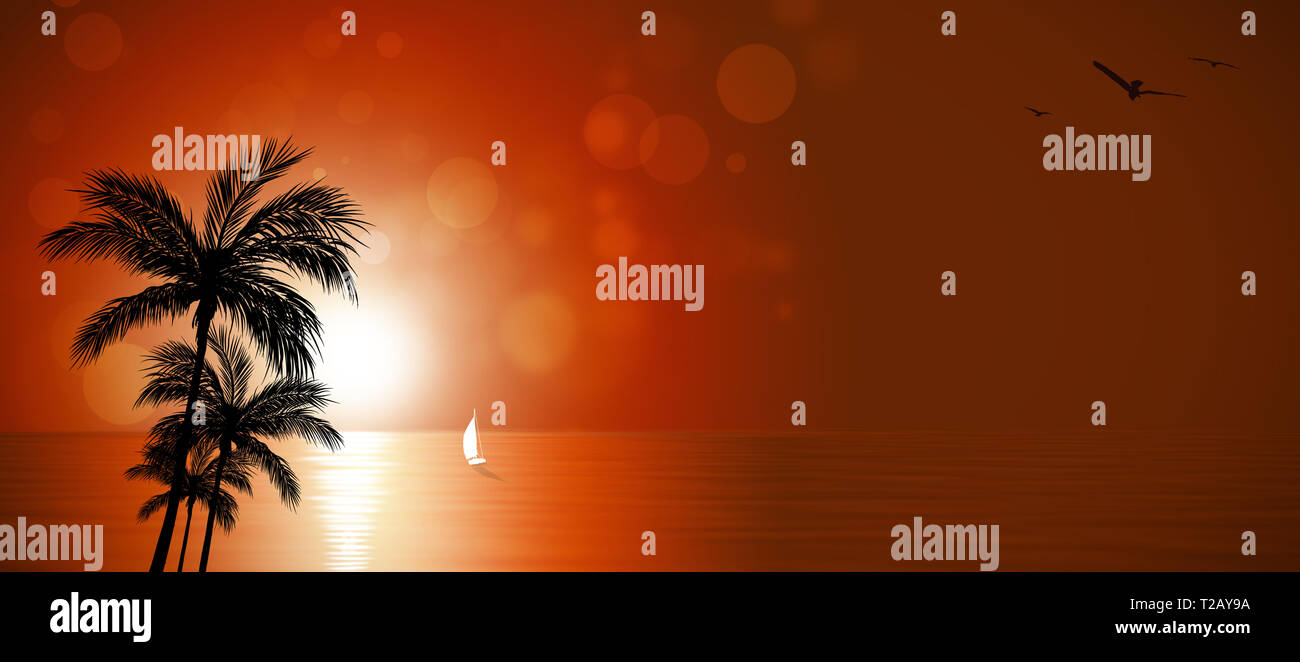 tropical sunset ocean banner with palms birds and a boat in the horizon ...