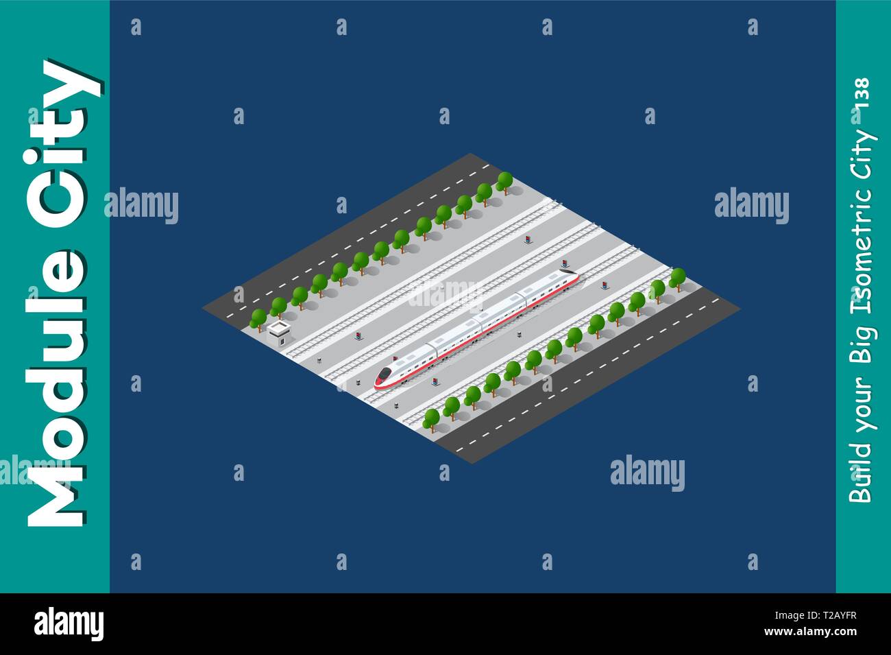 Isometric 3D transport train with the station and other buildings of ...