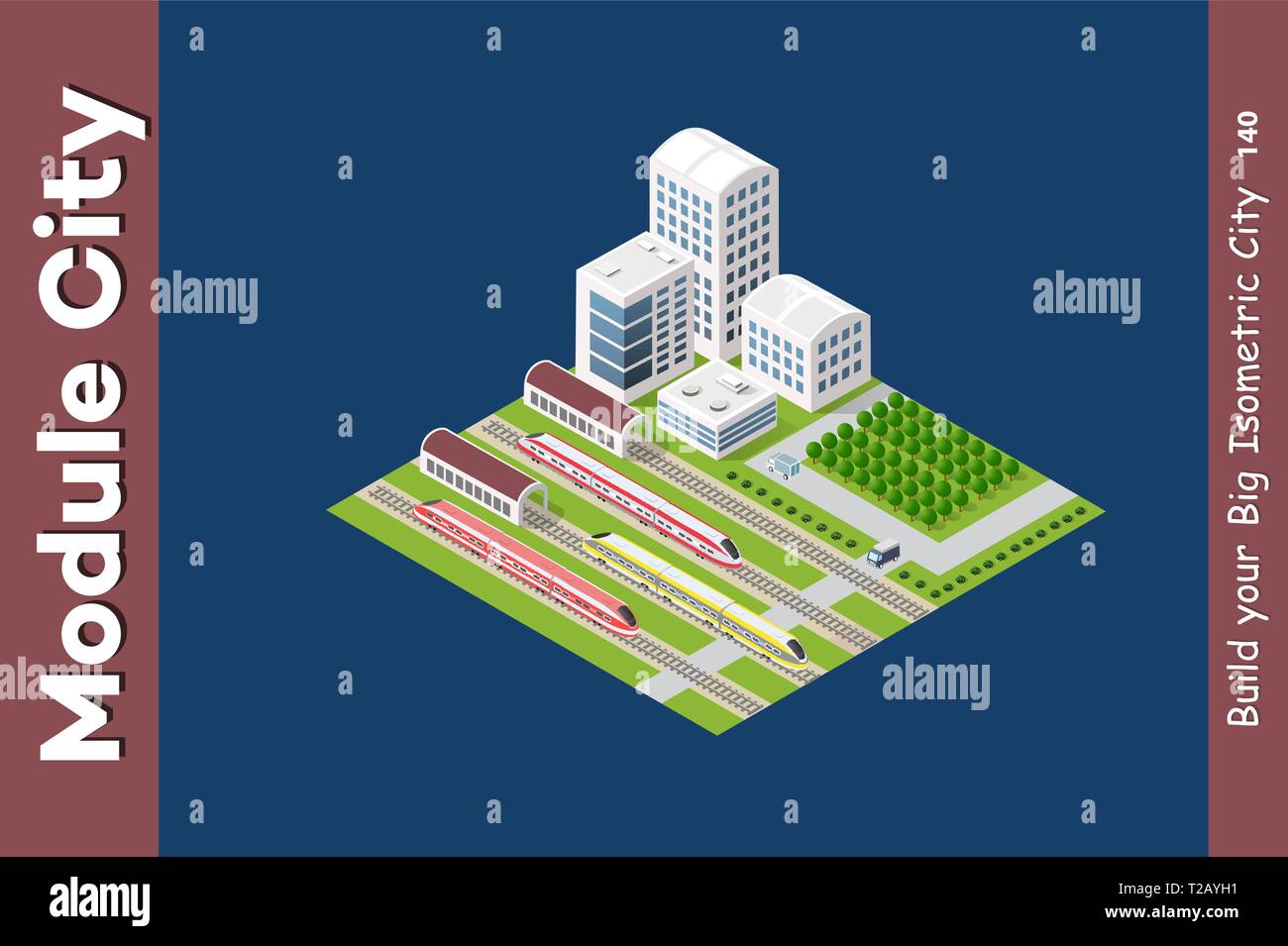 Isometric 3D transport train with the station and other buildings of ...