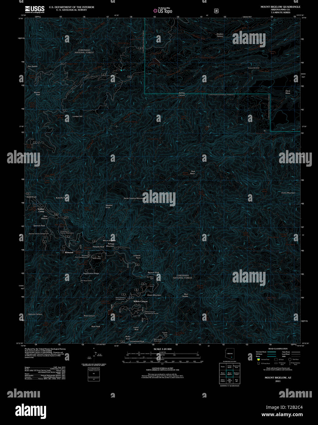 USGS TOPO Map Arizona AZ Mount Bigelow 20111115 TM Inverted Restoration ...