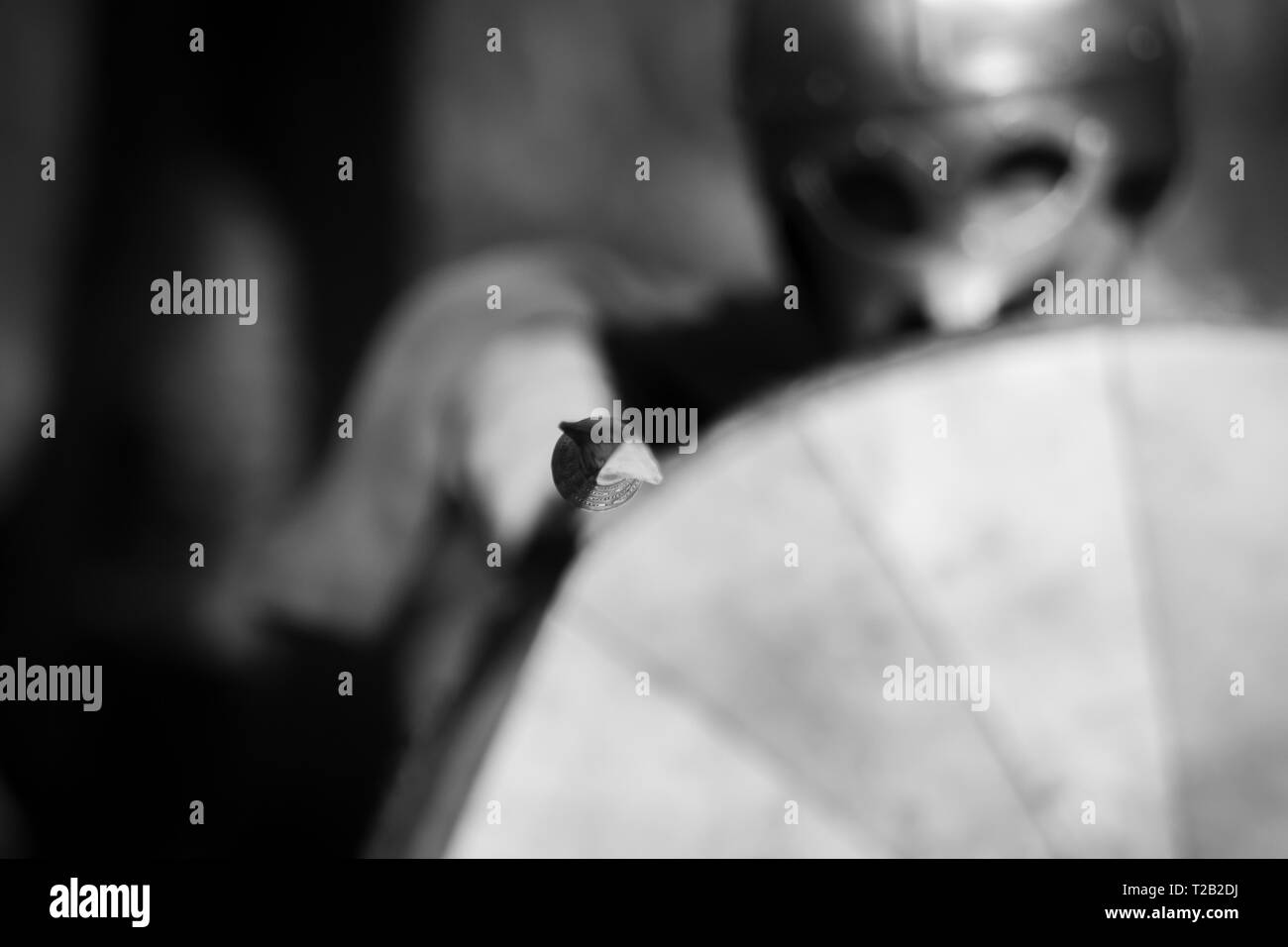 Viking behind round shield wearing spectacled Gjermundbu helm pointing ...