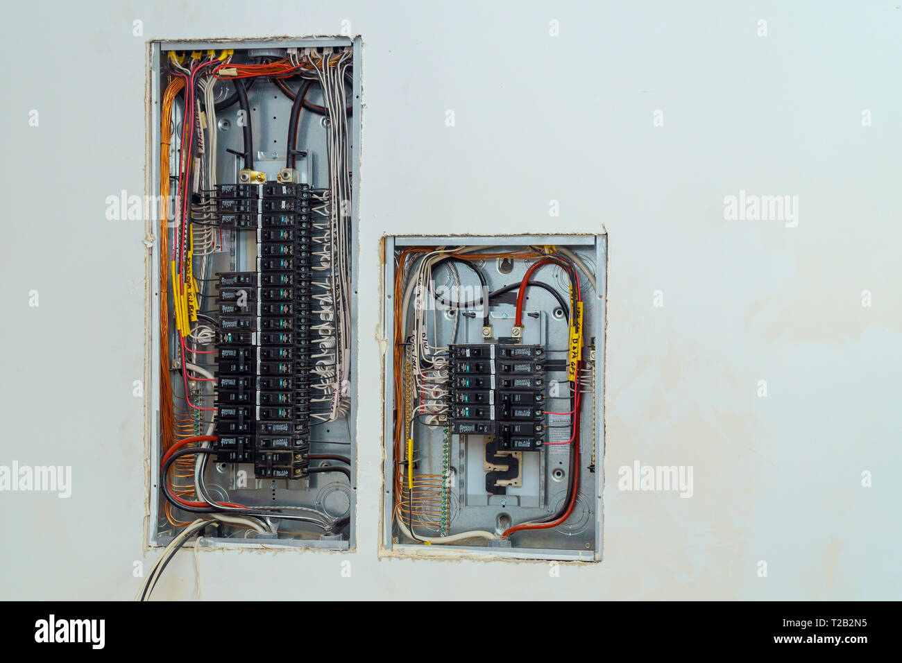 Electrical voltage switchboard box with wires with circuit breakers ...