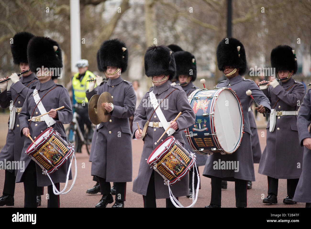 LONDON, UK - MARCH 22, 2019: The Royal Guards marching during the ...