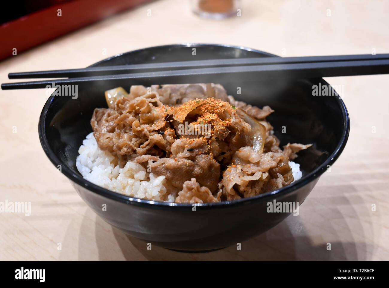 Simmer slice beef with rice in Japanese style gyudon in indoor low ...