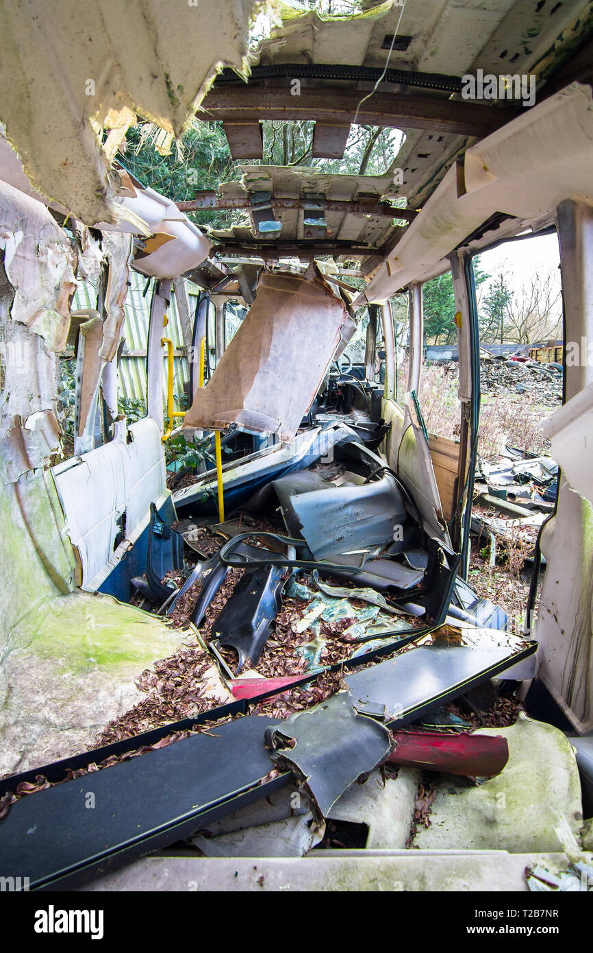 Inside a wrecked minibus at the abandoned Furber's Scrapyard in ...