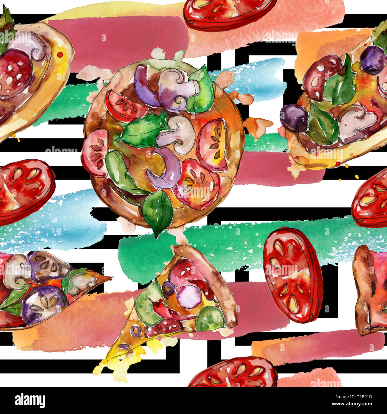Fast food itallian pizza in a watercolor style isolated set ...